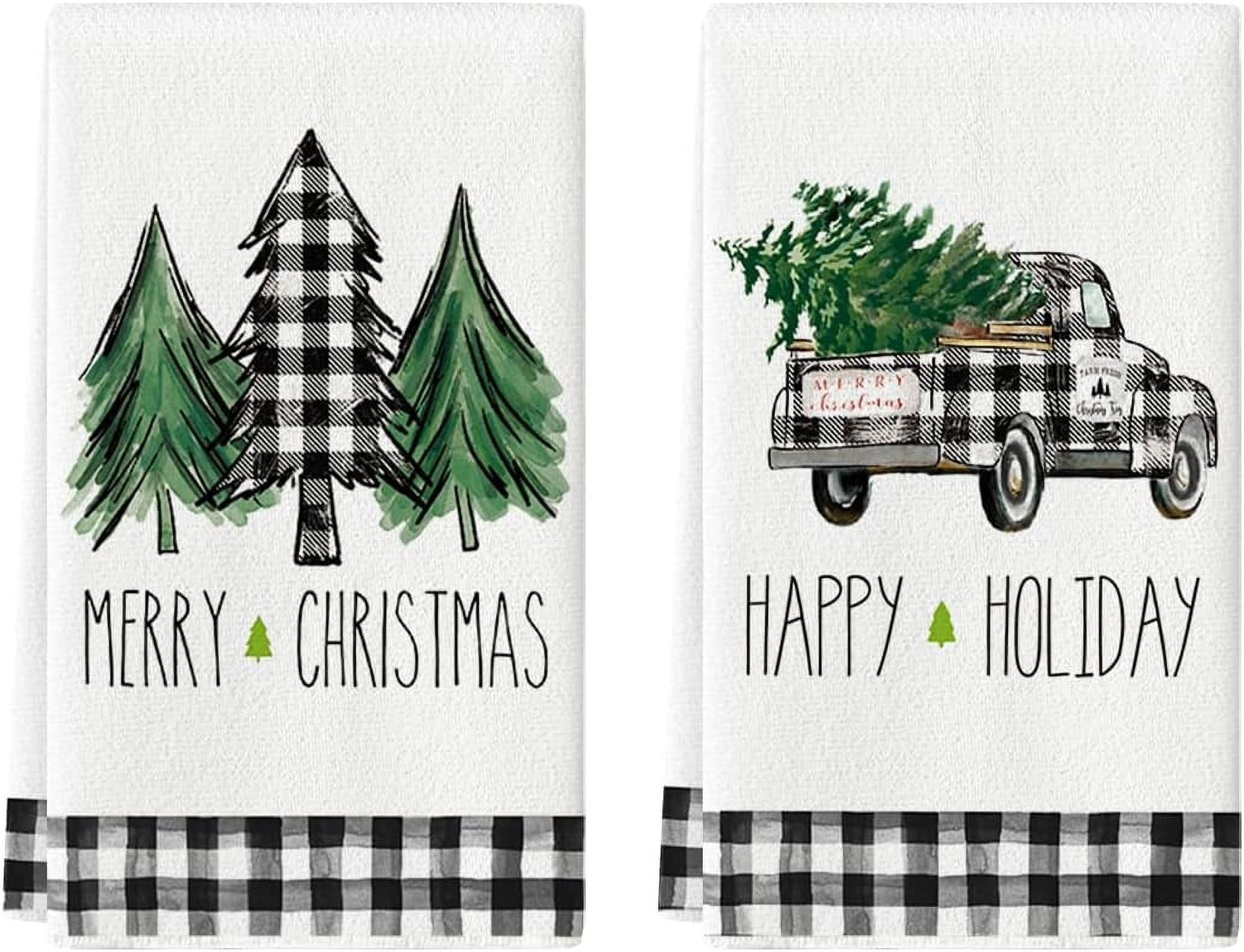 Buffalo Plaid Truck Trees Kitchen Dish Towels Merry Christmas, 18 x 26 ...