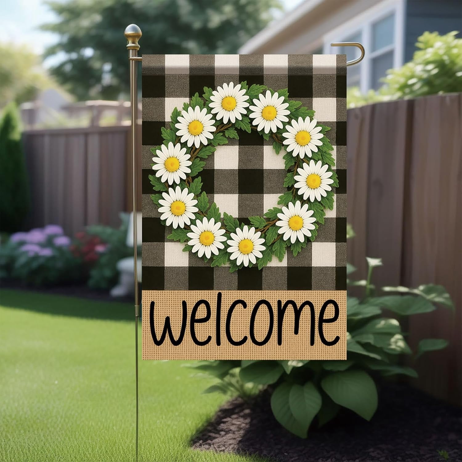 Buffalo Plaid Welcome Wreath Garden Flag 12x18 Double Sided Daisy ...