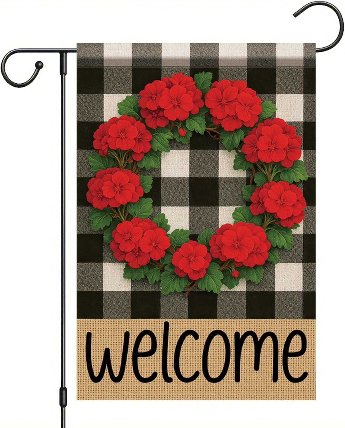 Buffalo Plaid Welcome Wreath Garden Flag Red Geranium Flower Flag 12x ...