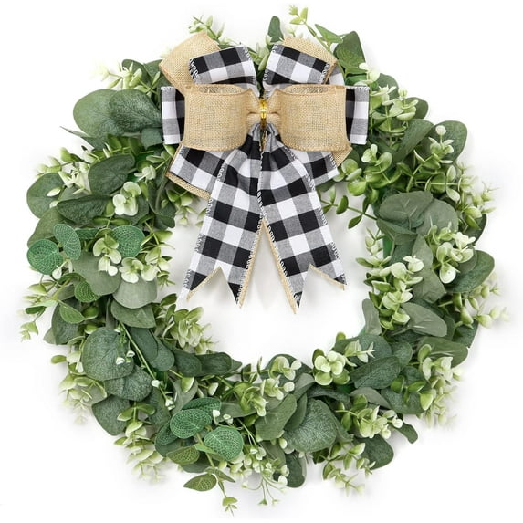 Buffalo Plaid Wreath-16 Inch Artificial Eucalyptus Wreath with Plaid ...