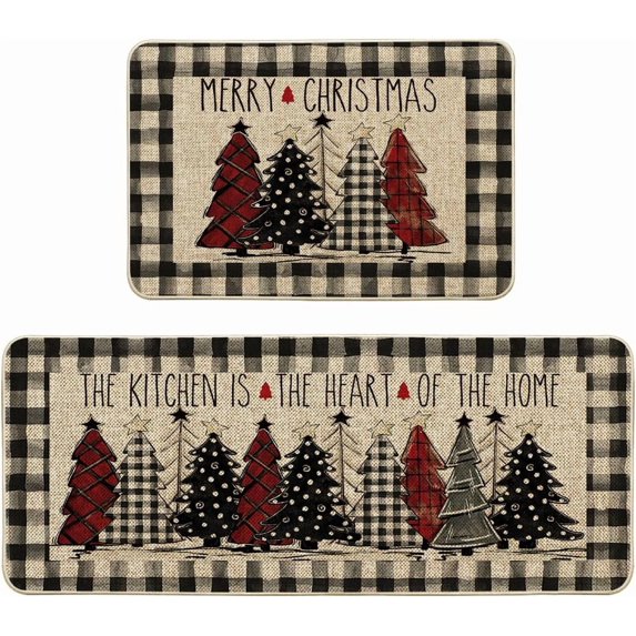 Buffalo Plaid Xmas Tree Merry Christmas Kitchen Mats Set of 2, Winter ...