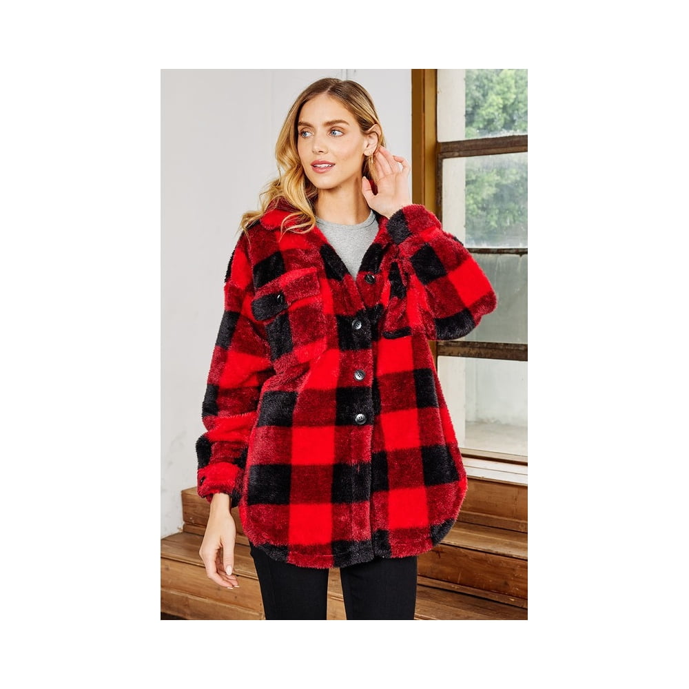Buffalo Print Plaid Shacket Red Black Large Pockets Relaxed fit ...