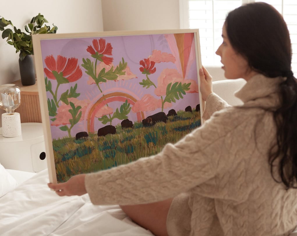 Buffalo Print Western Landscape Decor Abstract Botanical Painting Red ...