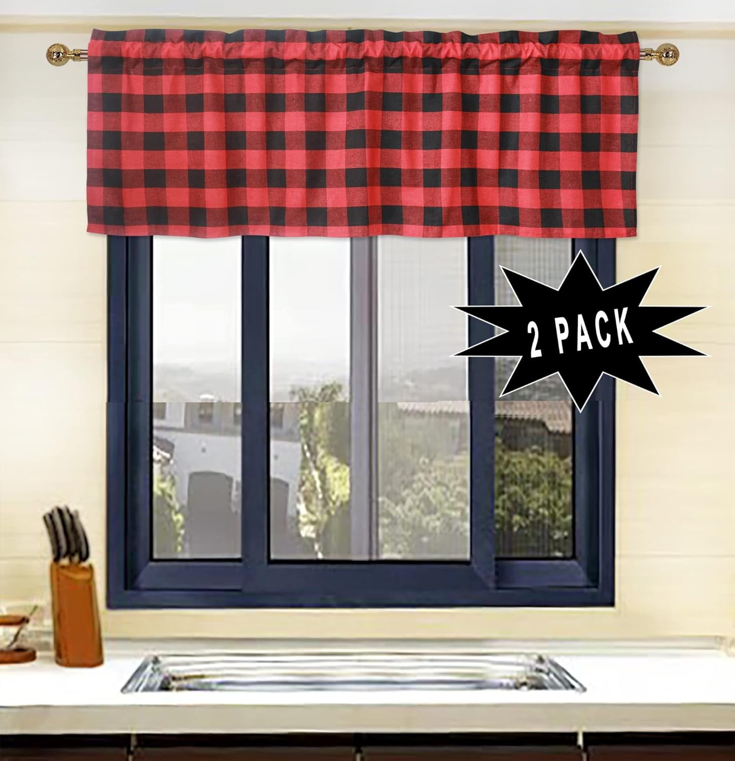 Buffalo Red and Black Check Kitchen Window Valance 2 Pack Half Short ...
