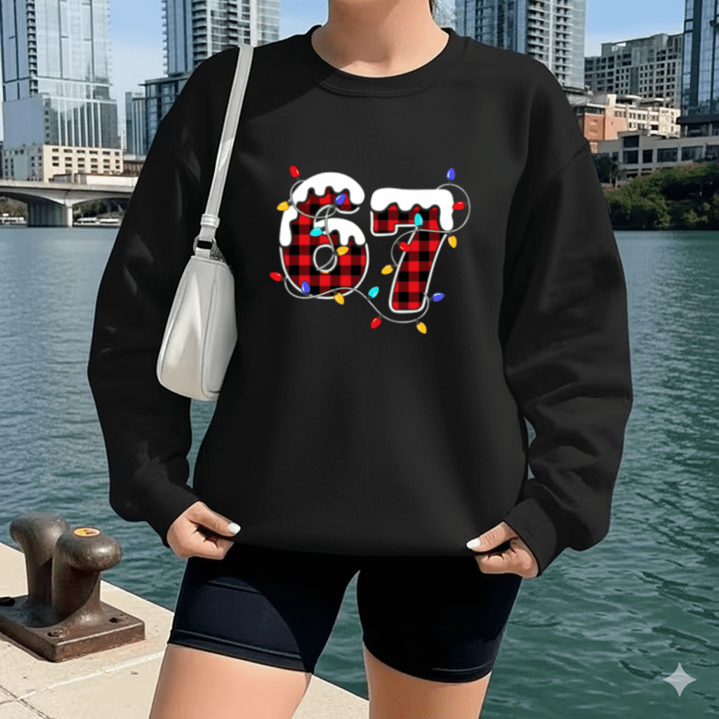 Buffalo Red Plaid 67 Meme Funny Holiday Lights Festive Cheer Sweatshirt ...