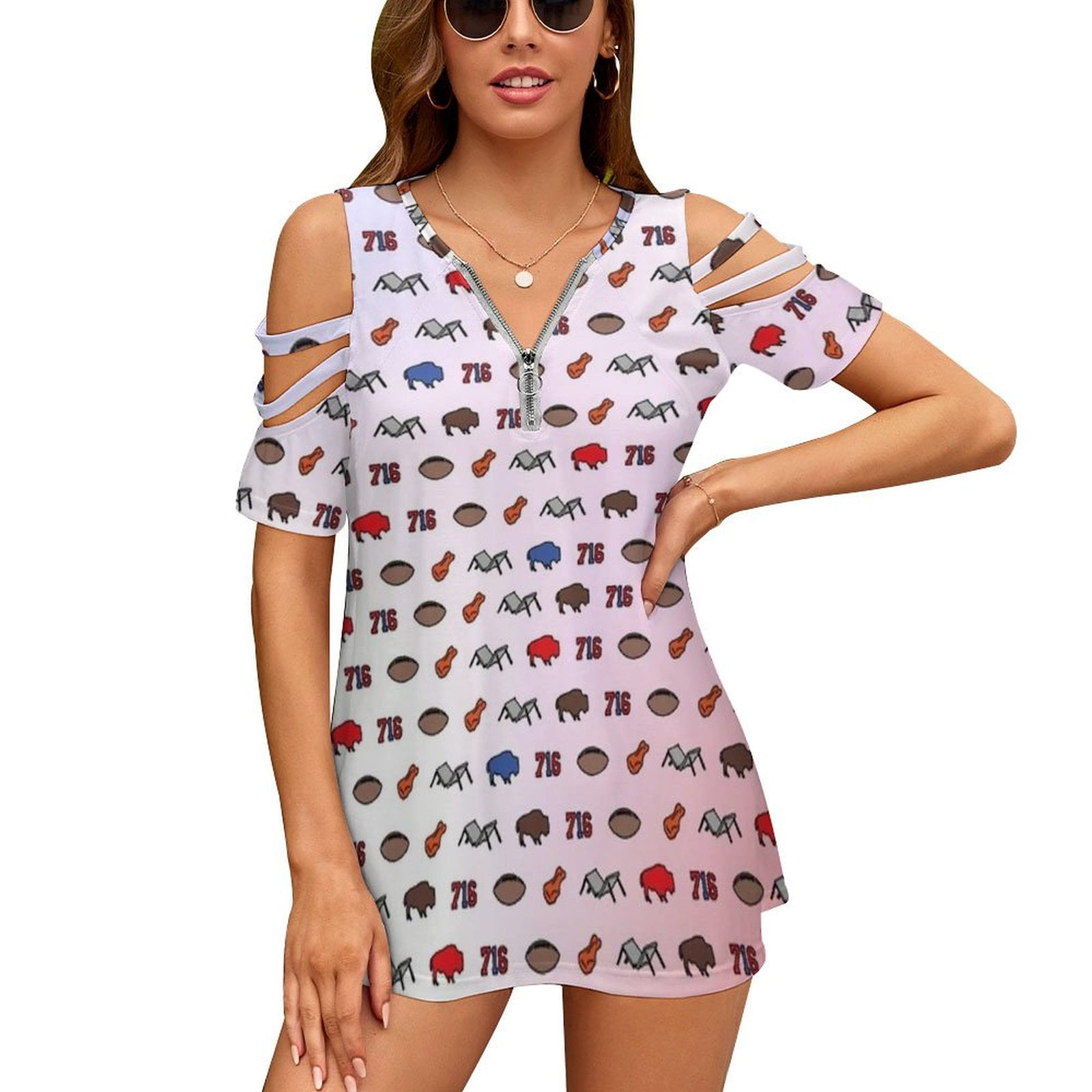 Buffalo Superfan Pattern New Fashion Zip Off Shoulder Top Short-Sleeve ...