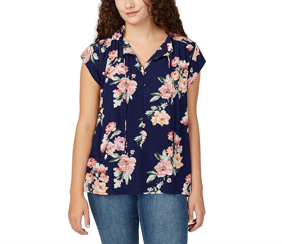 Buffalo Women's Top Sz M Split V-Neck Flutter Sleeve Floral Blouse Blue ...
