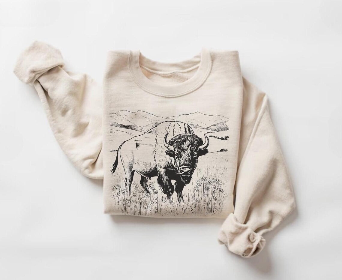 Buffalo in the Wild Crewneck Sweatshirt, Retro Bison Graphic, Vintage ...
