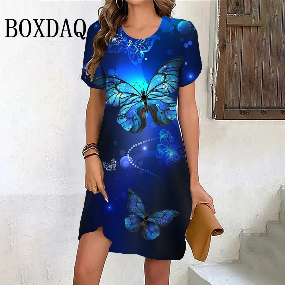 Bufferfly Pattern Women's Dress Summer Fashion Elegant Ladies Short Sleeve O-Neck Loose A-Line ...