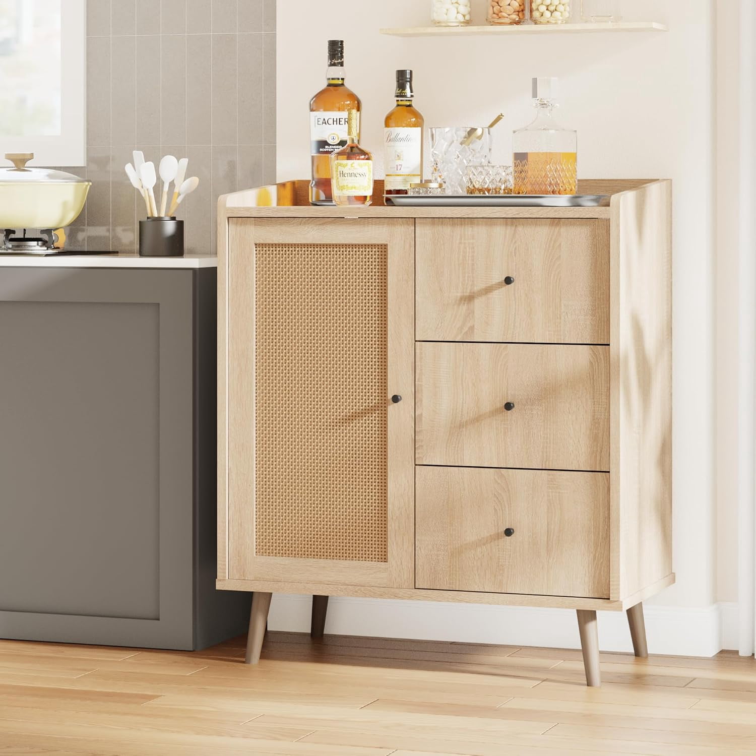 Buffet Cabinet 3-Drawer Storage Cabinet with Decorated Doors and Solid ...