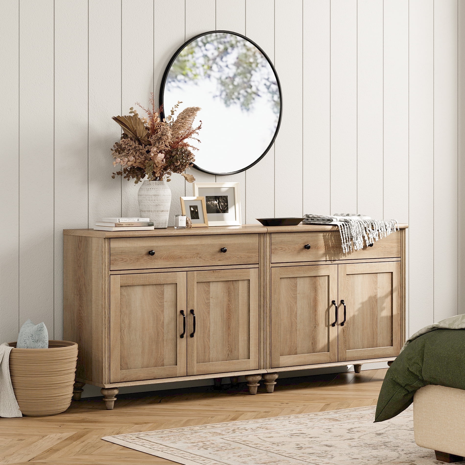 Buffet Cabinet with 4 Doors and 2 Drawers, Large Coffee Bar Table Wood ...