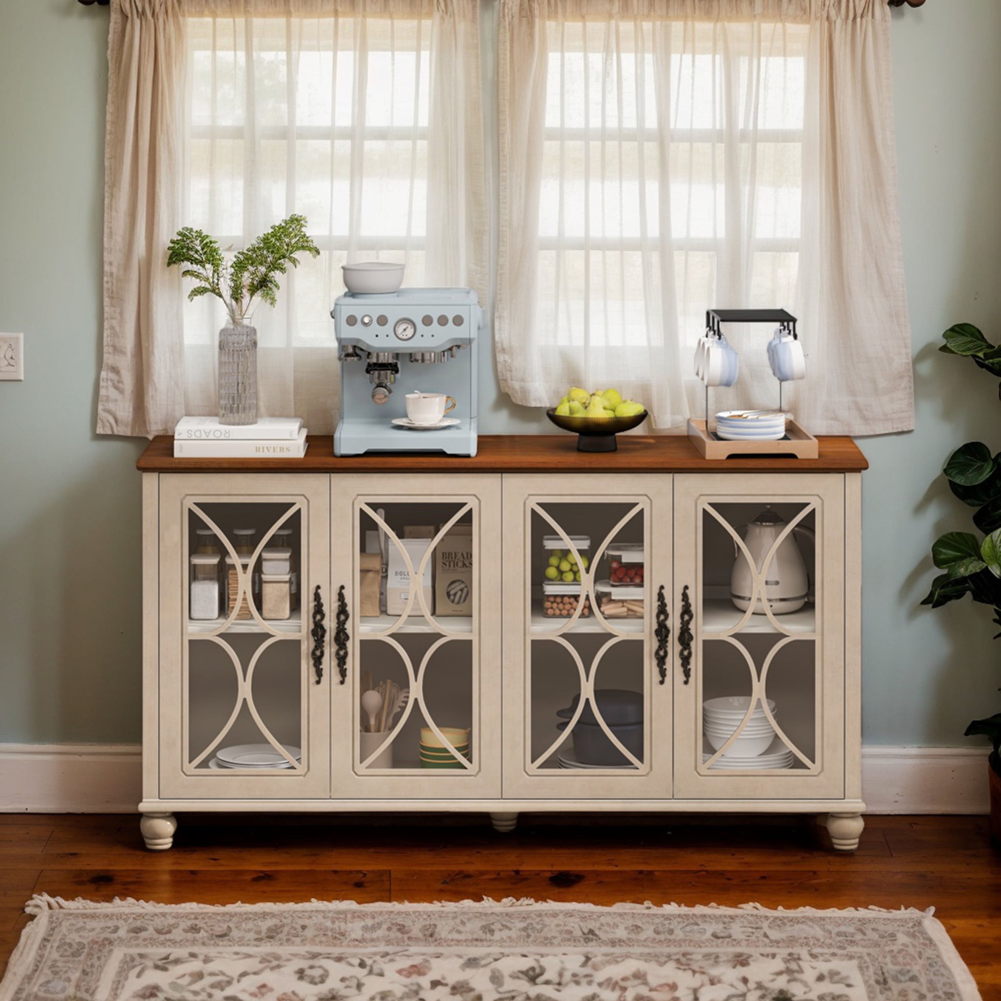 Buffet Cabinet with 4 Glass Doors and Adjustable Shelf, 59.5" Large ...