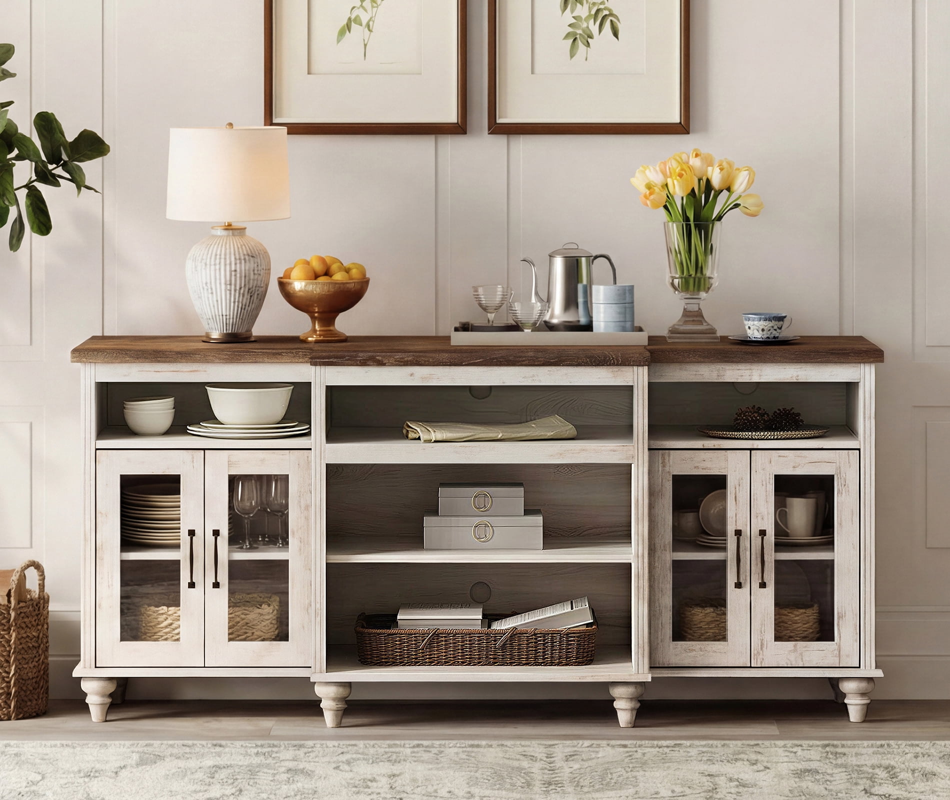 Buffet Cabinet with 4 Glass Doors, Large Coffee Bar Tables Wood Kitchen ...