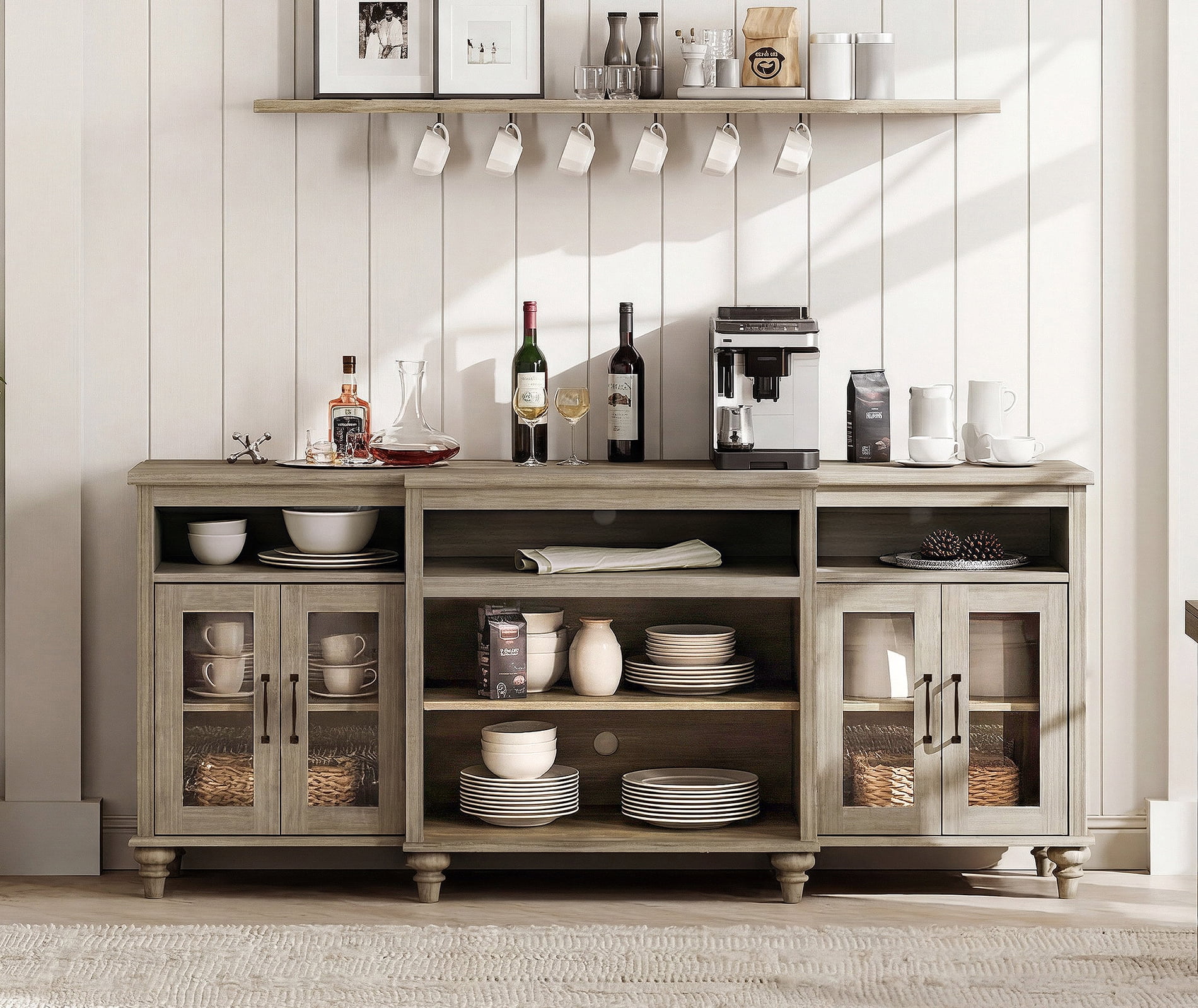 Buffet Cabinet with 4 Glass Doors, Large Coffee Bar Tables Wood Kitchen ...