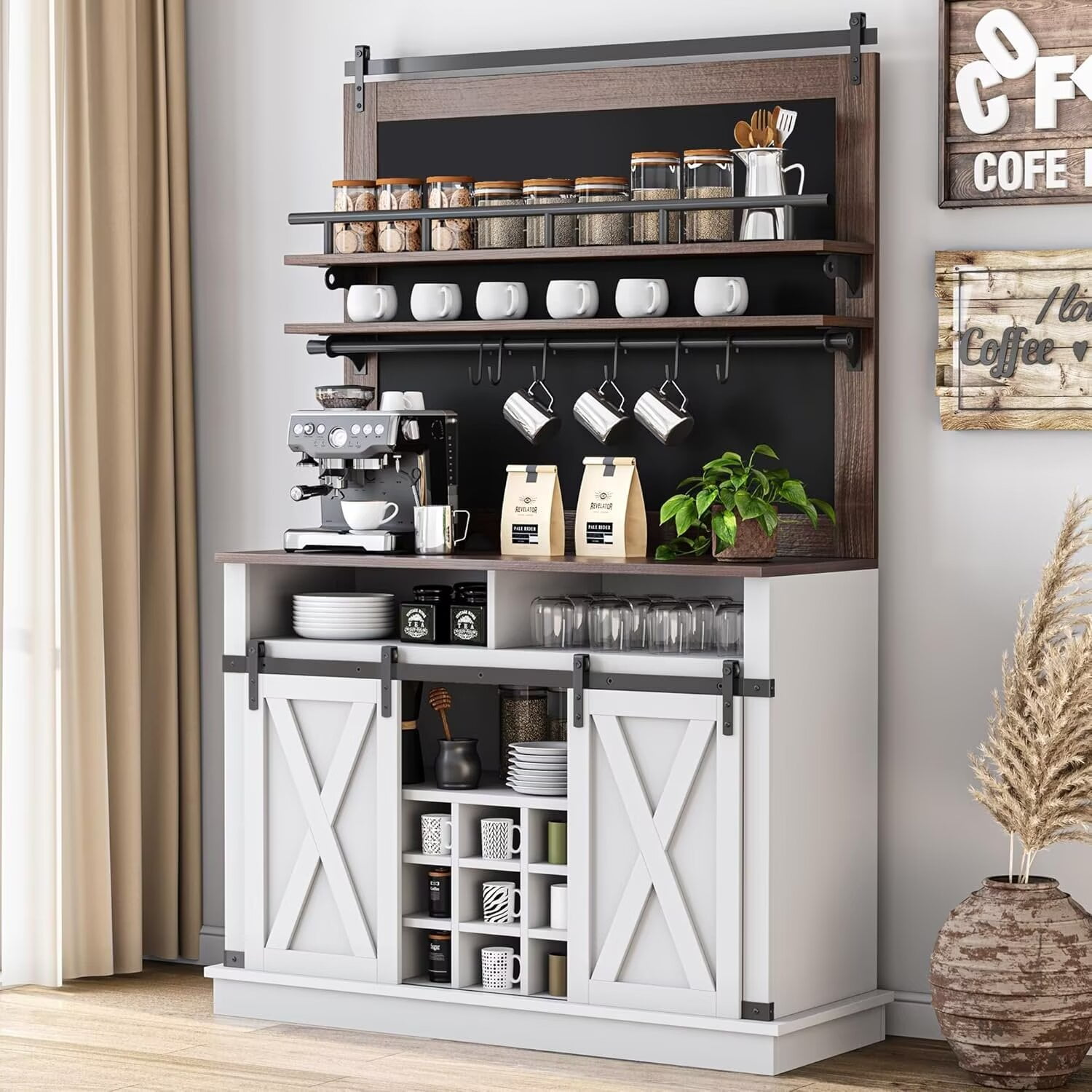 Buffet Cabinet with Hutch, Farmhouse Coffee Bar Cabinet, 75" Tall ...