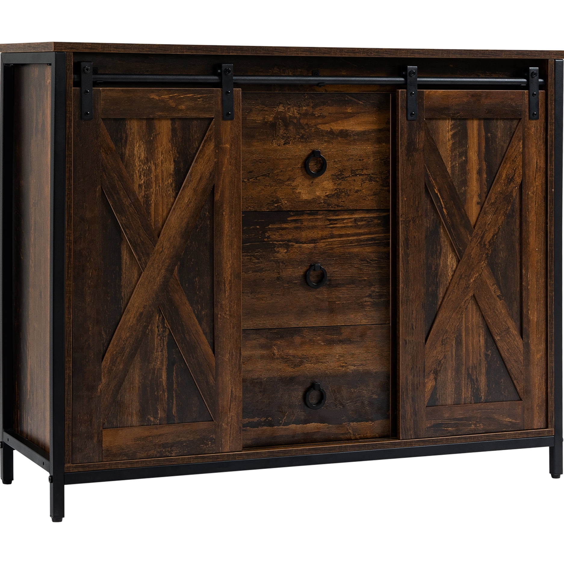Buffet Cabinet Industrial - Rustic In Brown With Sliding Barn Doors, 3 ...