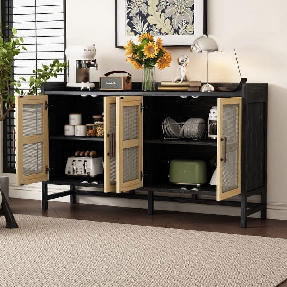 Buffet Cabinet MDF Black, Sideboard with Rattan Doors & Adjustable ...