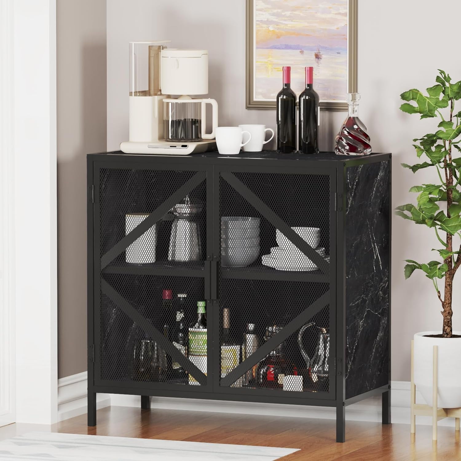 Buffet Cabinet Metal Mesh 2 Door, Industrial Sideboard Storage Cabinet ...