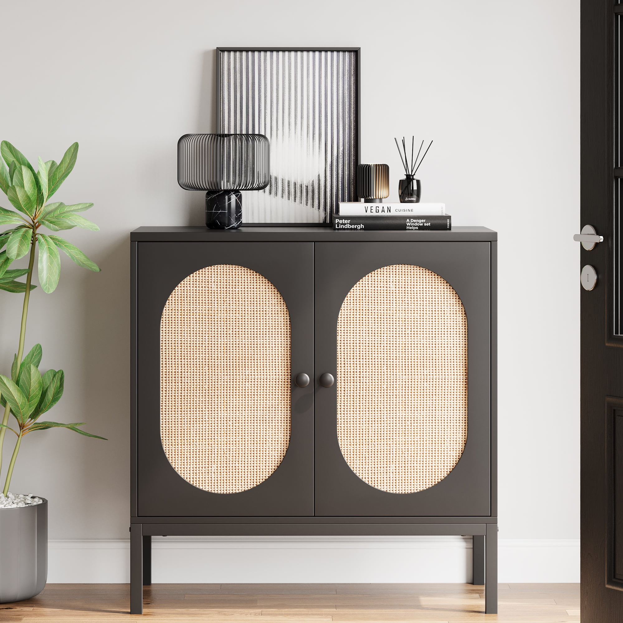 Buffet Cabinet Rattan Storage Cabinet with Doors and Shelves, Accent ...