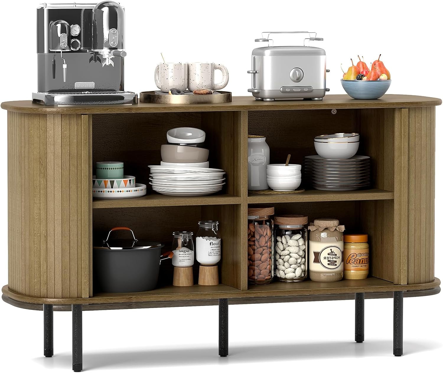 Buffet Cabinet with Storage, 47” Fluted Sideboard with Sliding Tambour Doors, Adjustable Shelves ...