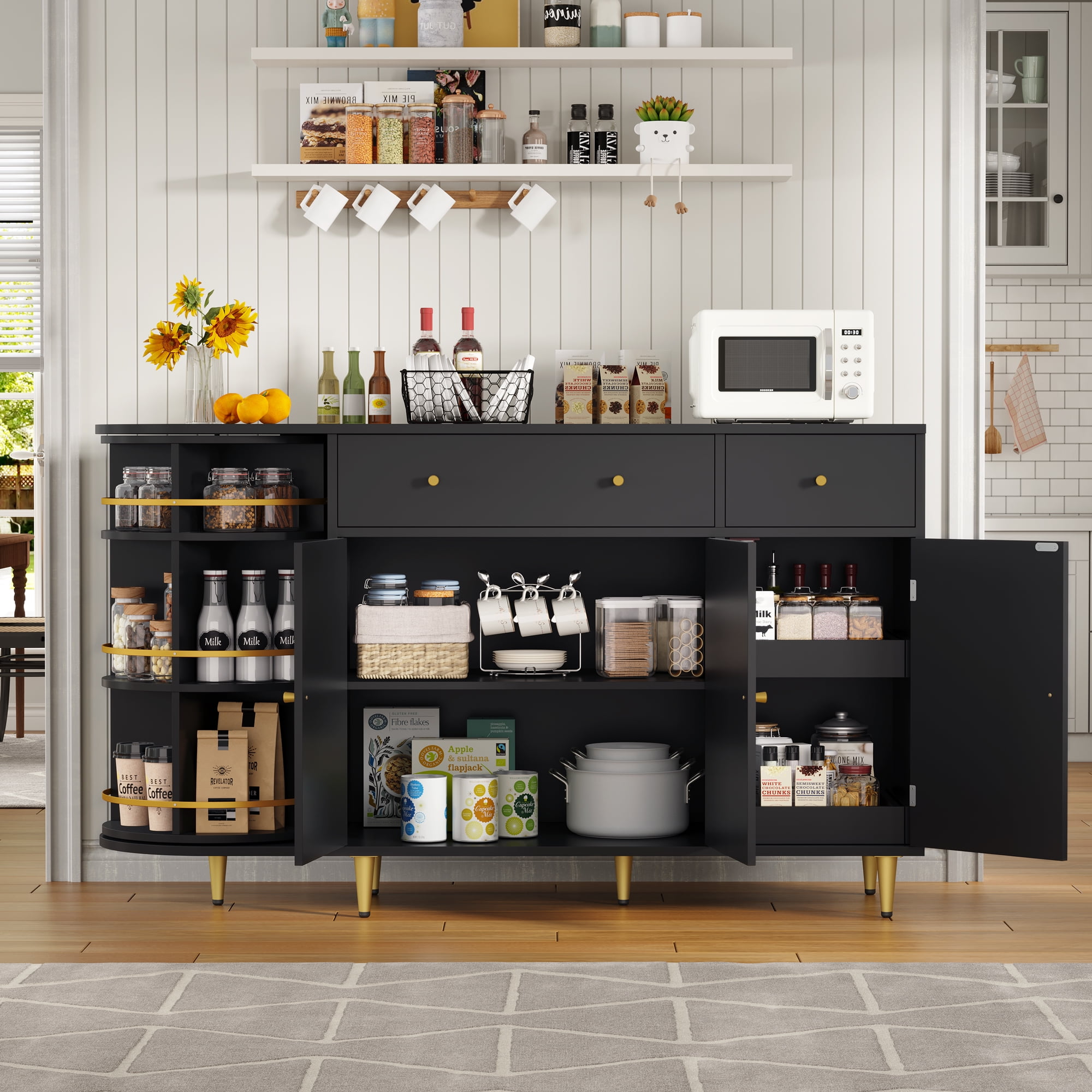 Buffet Cabinet with Storage and Charging Station, 55" Large Modern ...