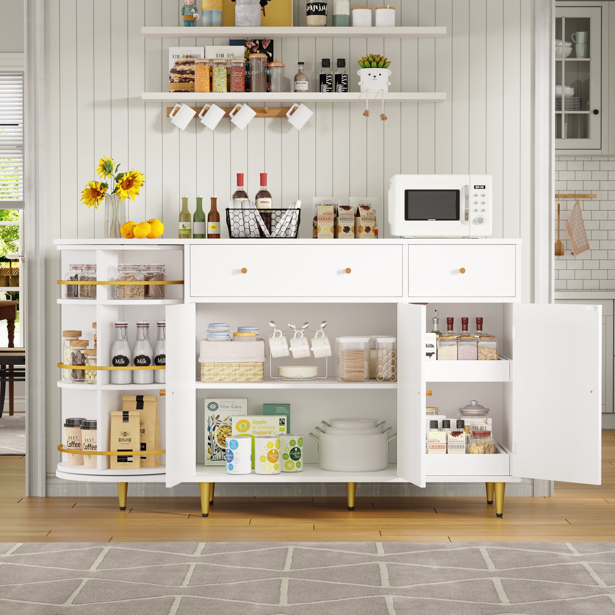 Buffet Cabinet with Storage and Charging Station, 55" Large Modern ...