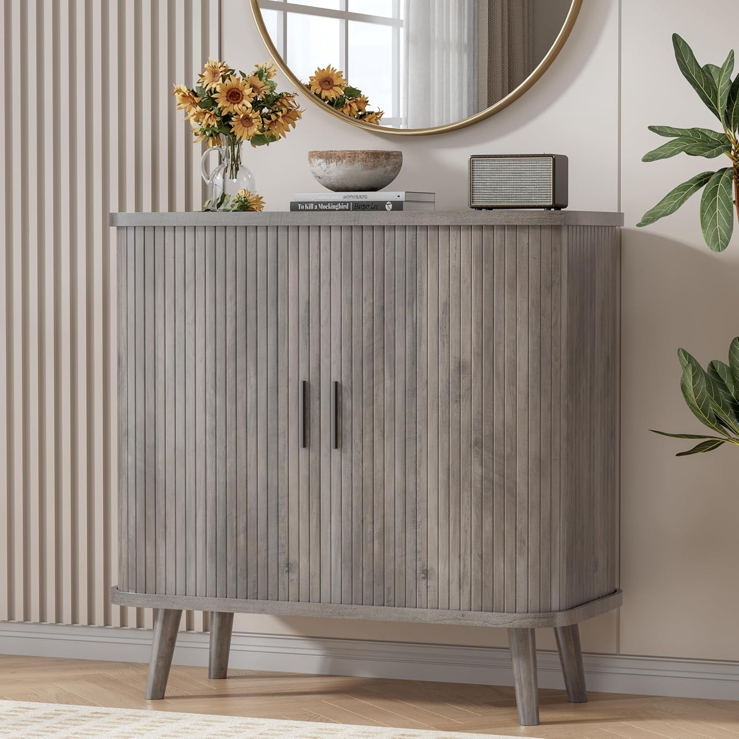 Buffet Cabinet with Storage, Curved-Edge Fluted Storage Cabinet ...