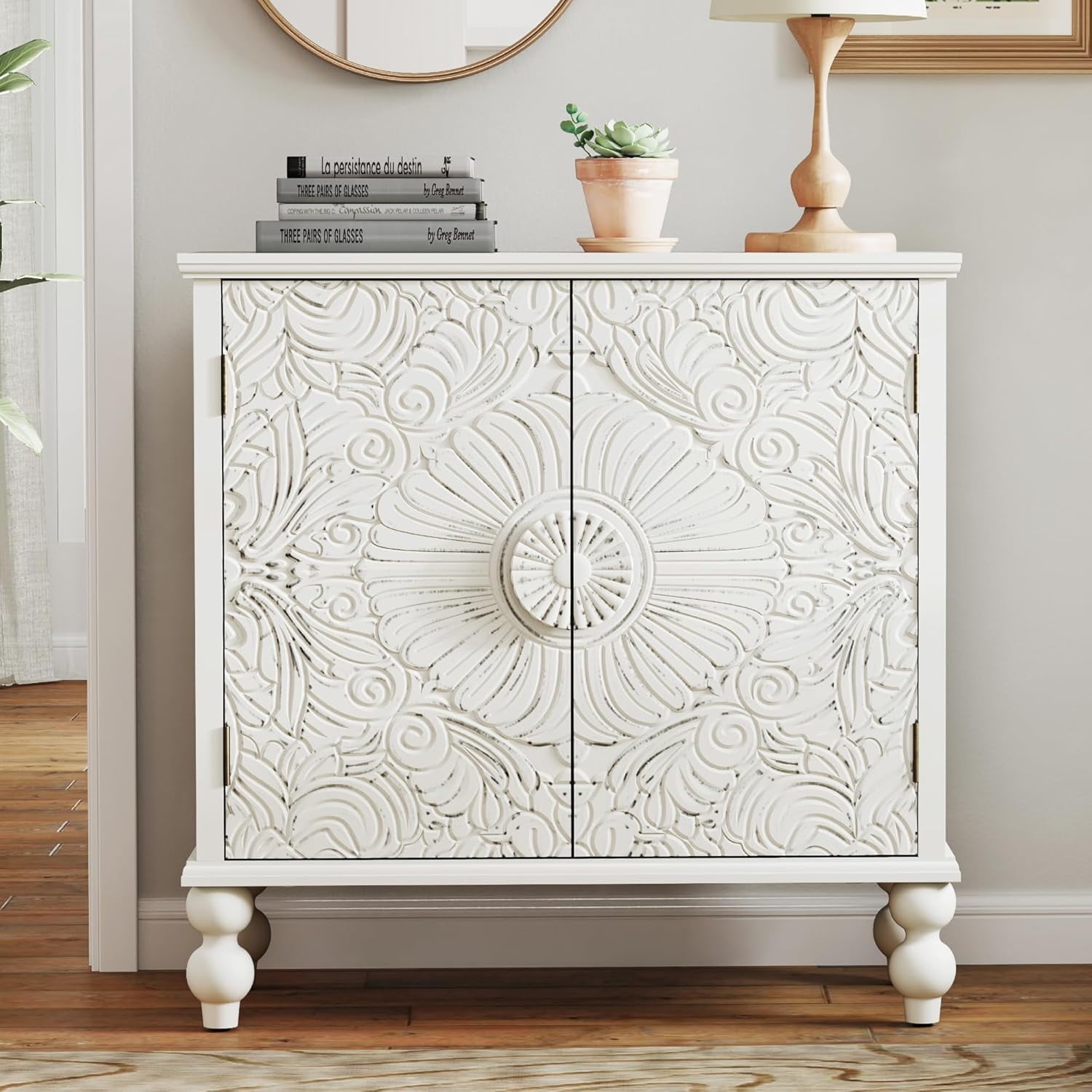 Buffet Cabinet with Storage, Distressed Storage Cabinet with 2 Carved ...