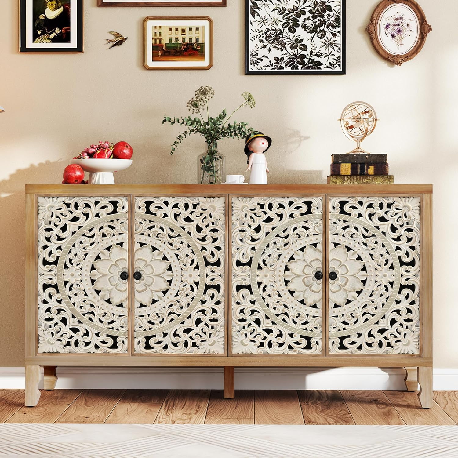 Buffet Cabinet with Storage, Distressed Storage Cabinet with 4 Carved ...