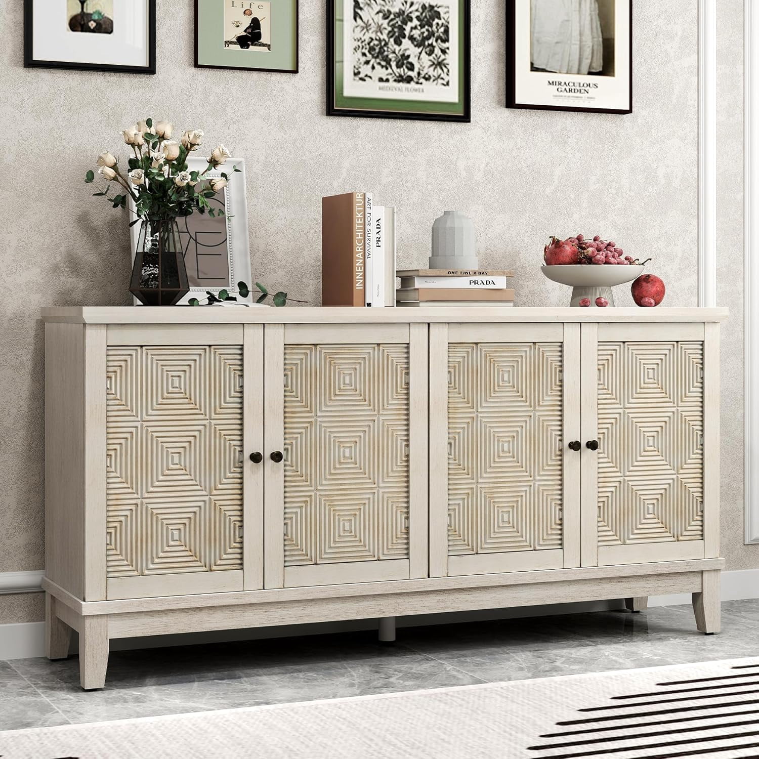 Buffet Cabinet with Storage, Distressed Storage Cabinet with 4 Carved ...