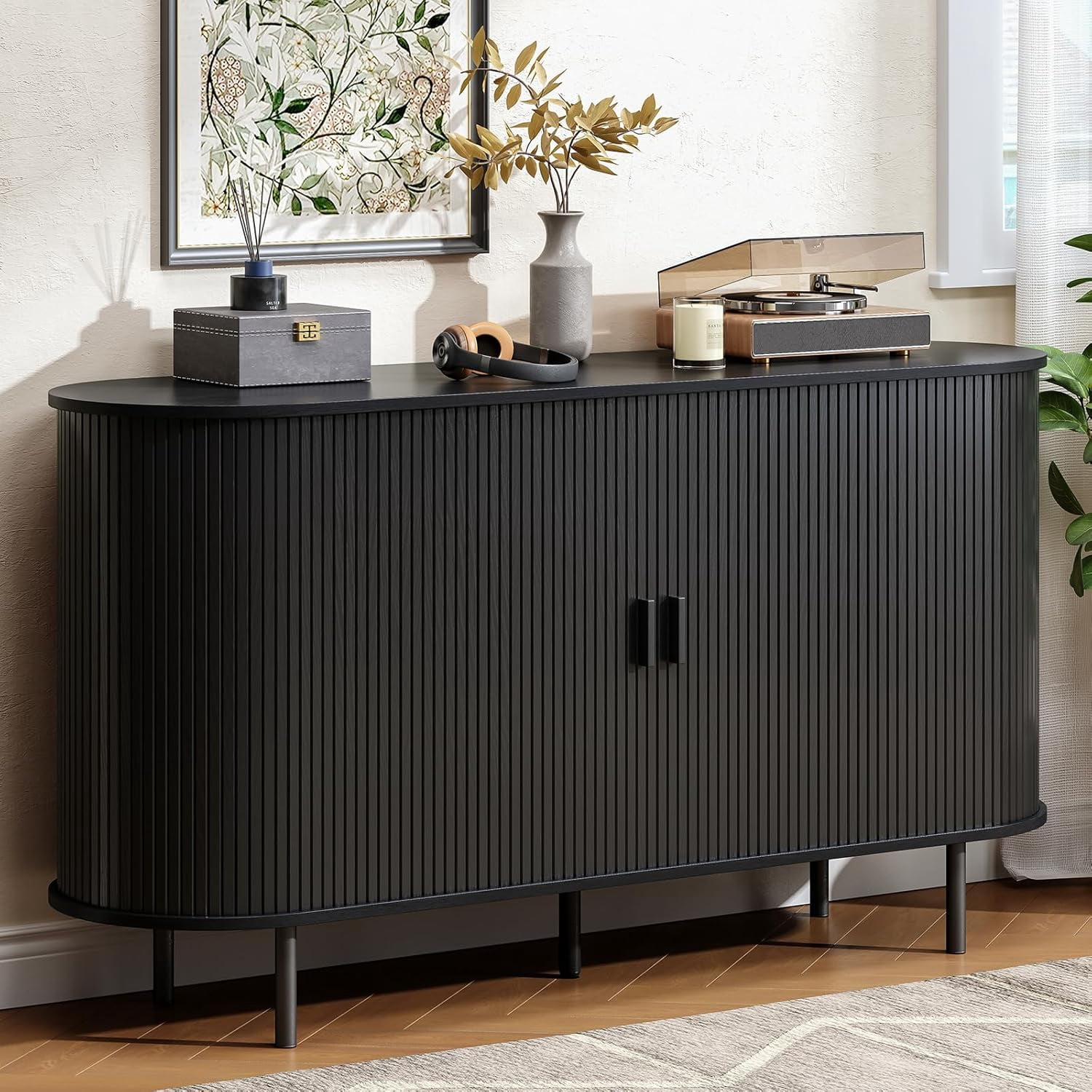 Buffet Cabinet with Storage, Fluted Sideboard Buffet with Sliding Door ...