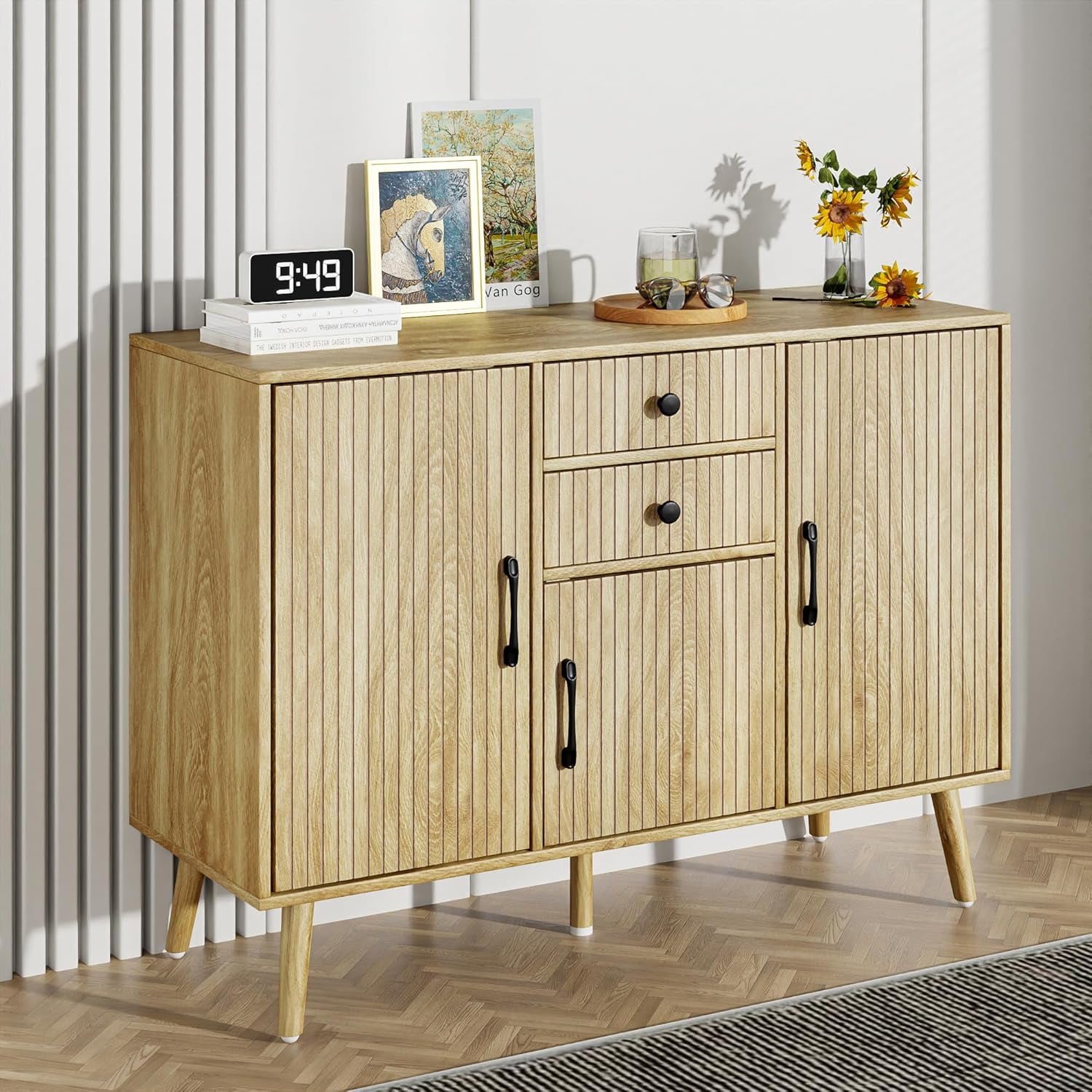 Buffet Cabinet with Storage Fluted Sideboard Credenza Storage Cabinet ...