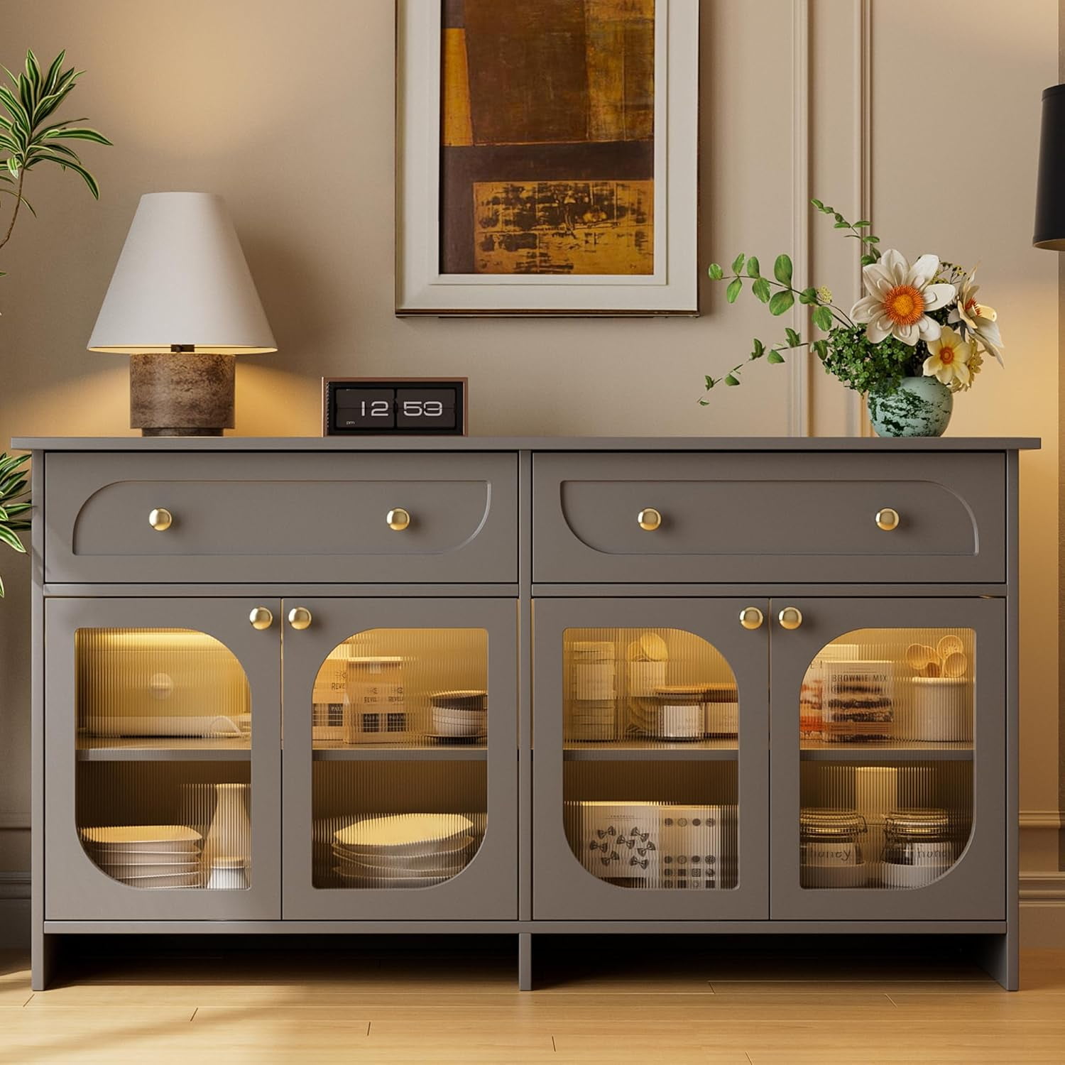Buffet Cabinet with Storage and LED Light, 55” Sideboard Buffet Cabinet ...