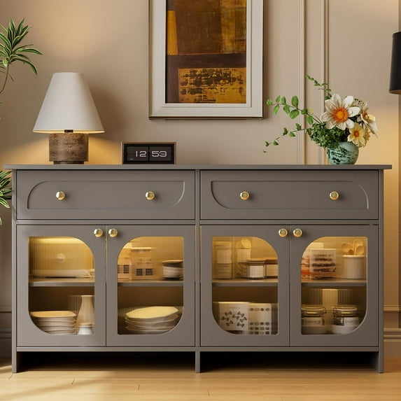 Buffet Cabinet with Storage and LED Light, 55” Sideboard Buffet Cabinet ...