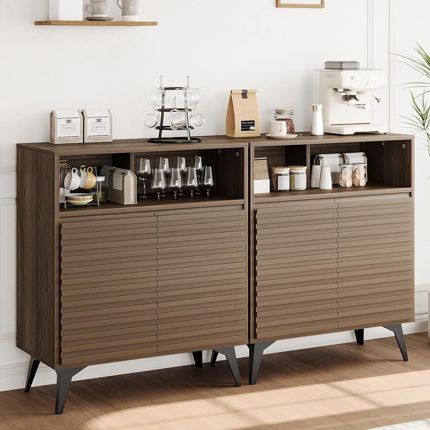 Buffet Cabinet with Storage Set of 2 - Elegant Fluted Storage Cabinet ...