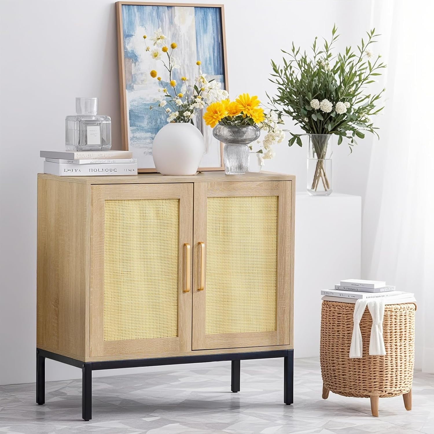 Buffet Cabinet with Storage, Storage Cabinet with Rattan Decor Doors ...