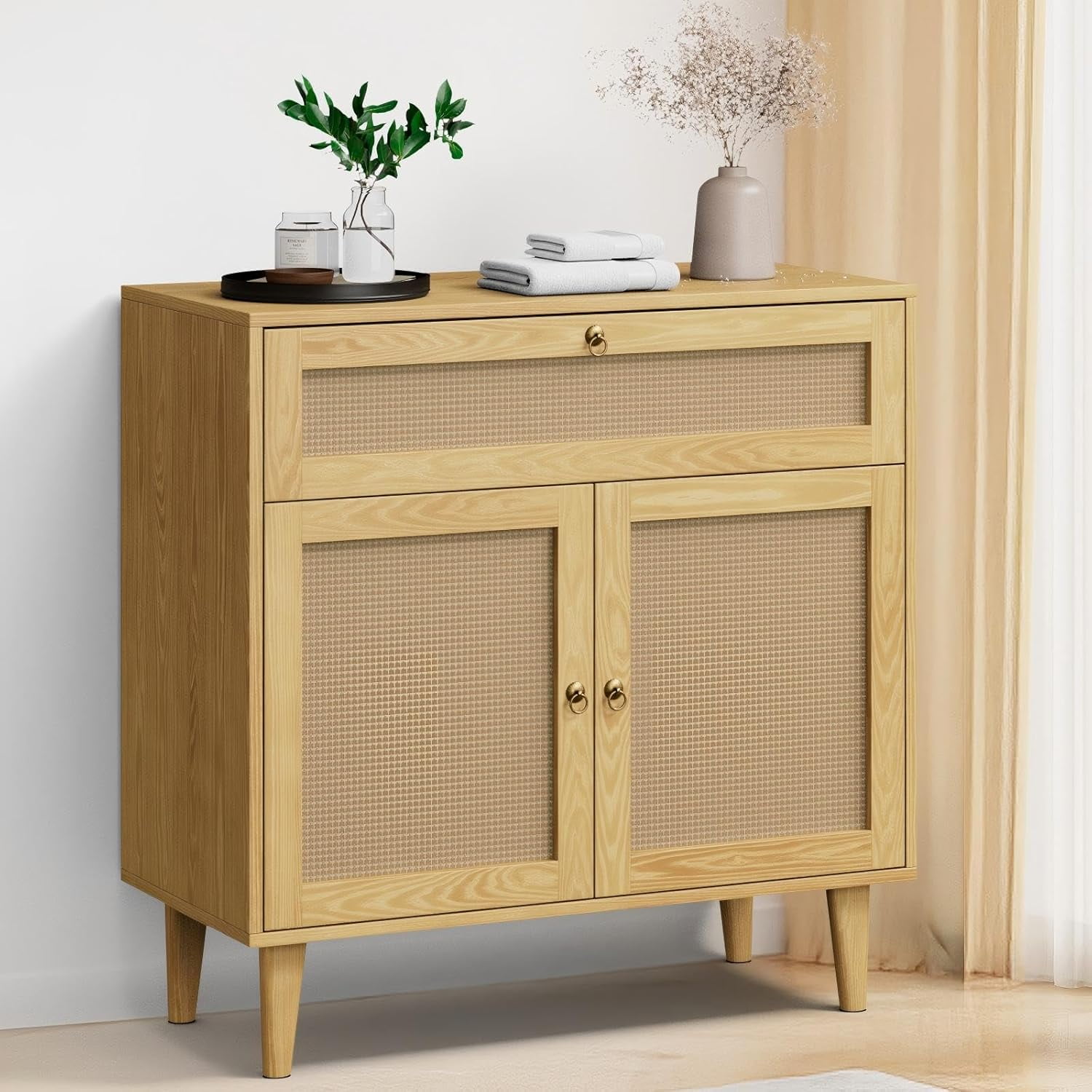 Buffet Cabinet with Storage, Storage Cabinet with Rattan Decor Doors ...