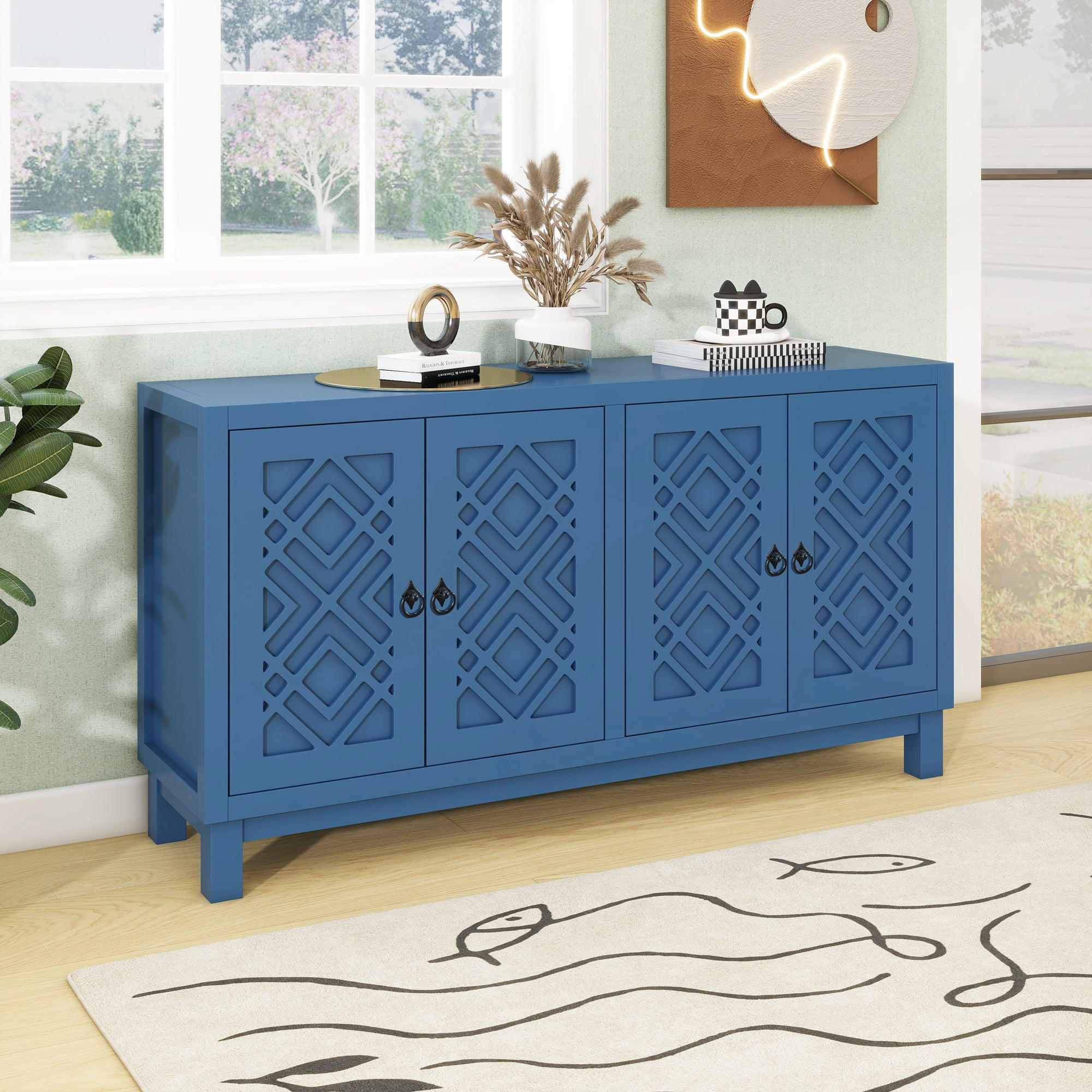 Buffet Cabinet With 4 Doors Metal Pull Ring Handles Adjustable Shelf ...