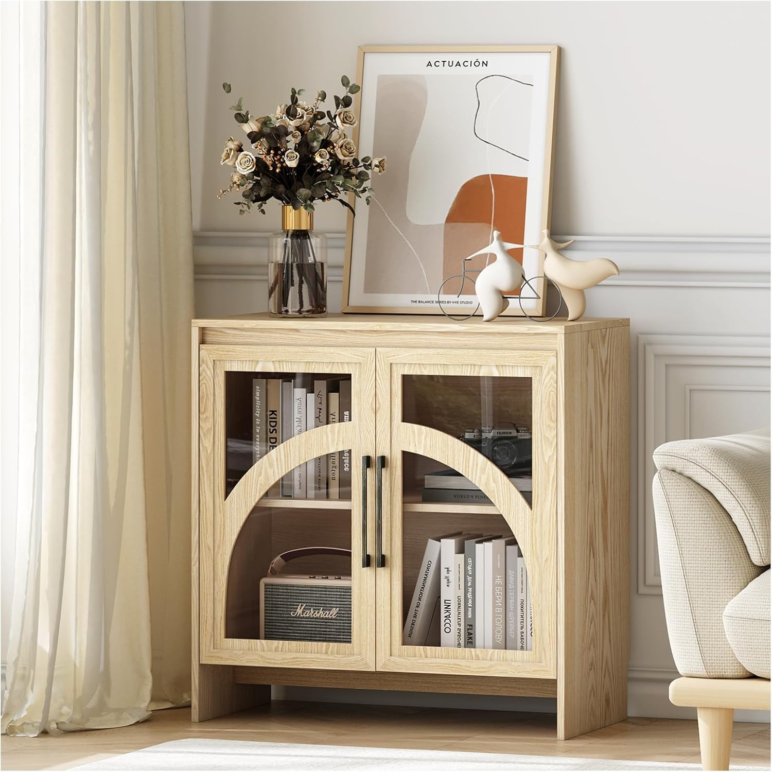 Buffet Cabinet with Storage, Arch Cabinet with Glass Door, Oak ...