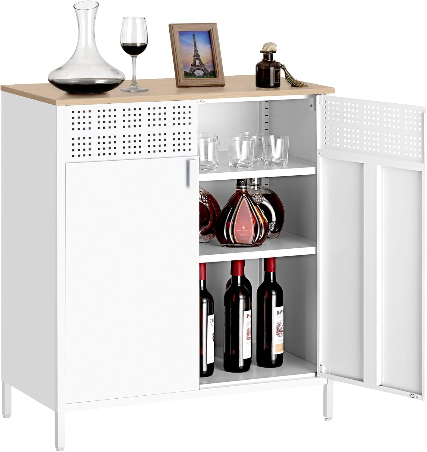 Buffet Sideboard, 3-Tier Storage Cabinet, Steel Frame, Wooden Tabletop ...