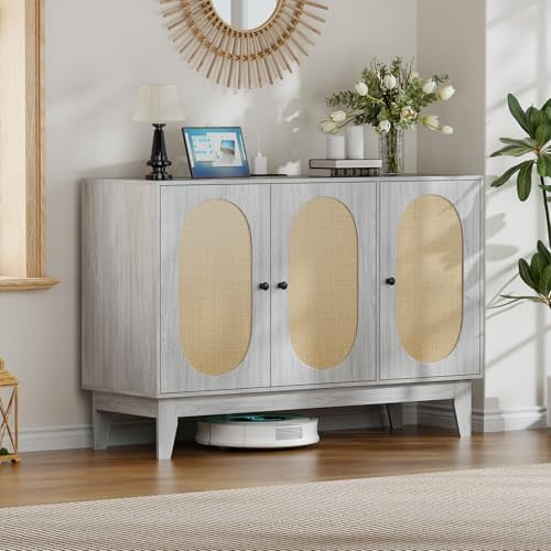 Buffet Sideboard Cabinet with Charging Station, Rattan Kitchen Storage ...