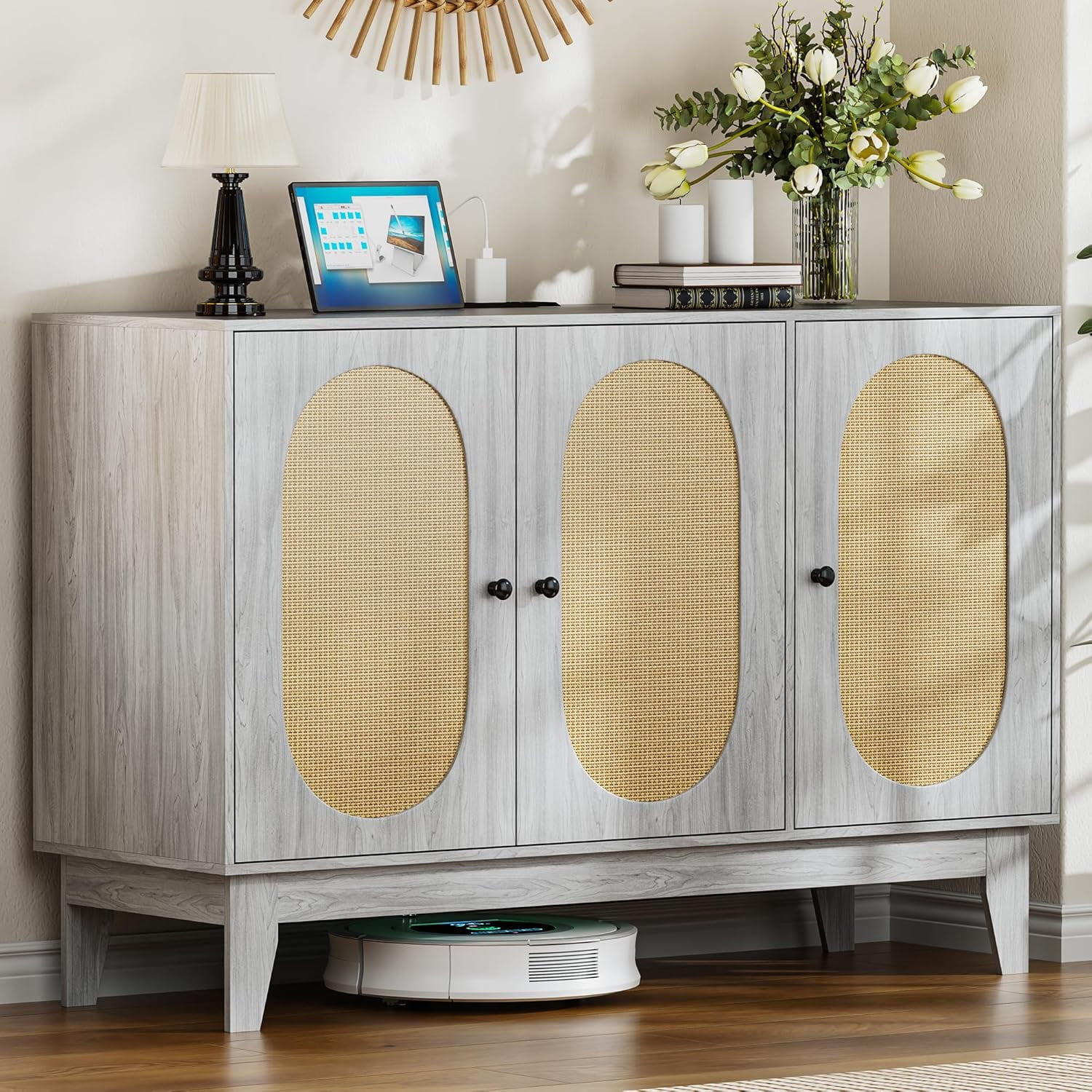 Buffet Sideboard Cabinet with Charging Station, Rattan Kitchen Storage ...