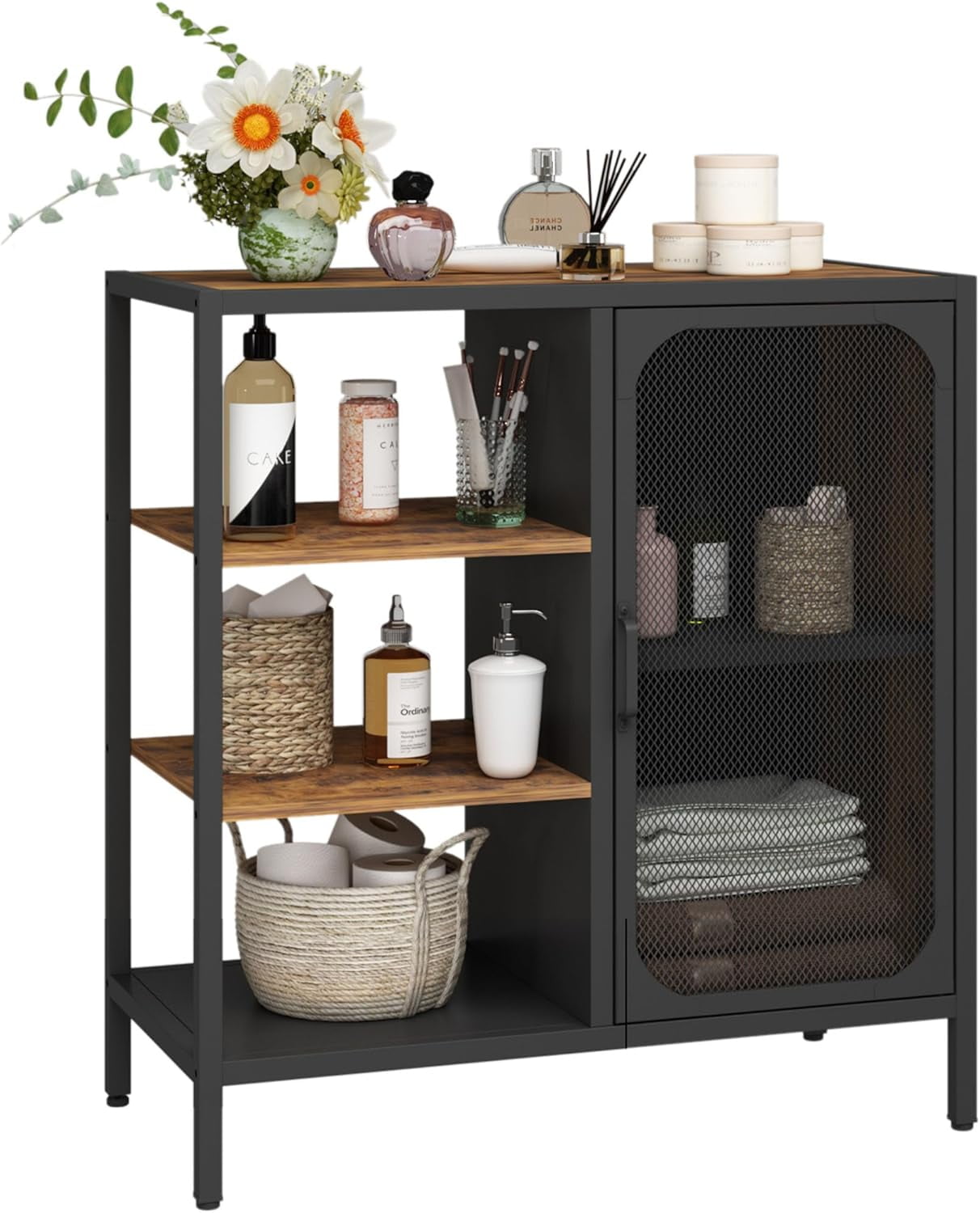 Buffet Sideboard Cabinet - Steel Frame and Wood Top with 3-Tier Open ...
