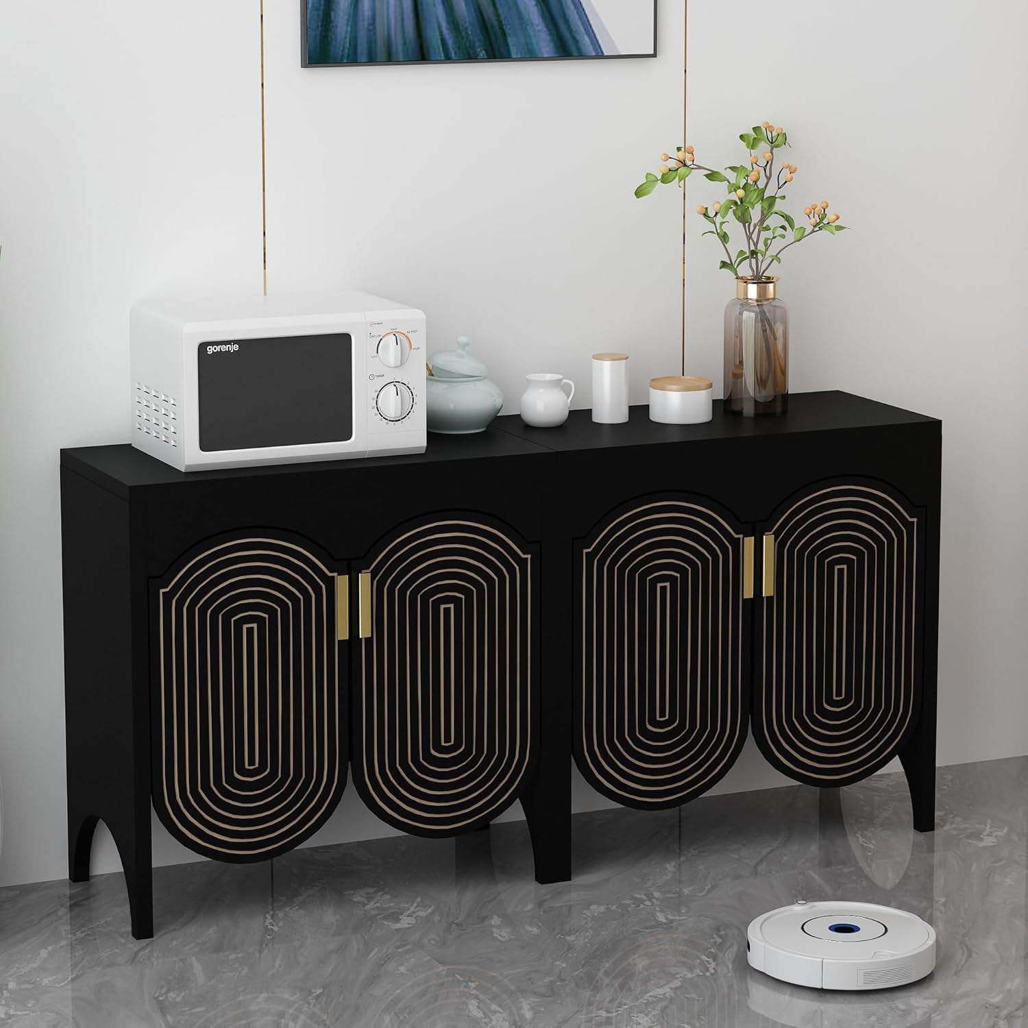 Buffet Sideboard Cabinet with Storage, Fluted Storage Cabinet with Arc Doors and Adjustable ...