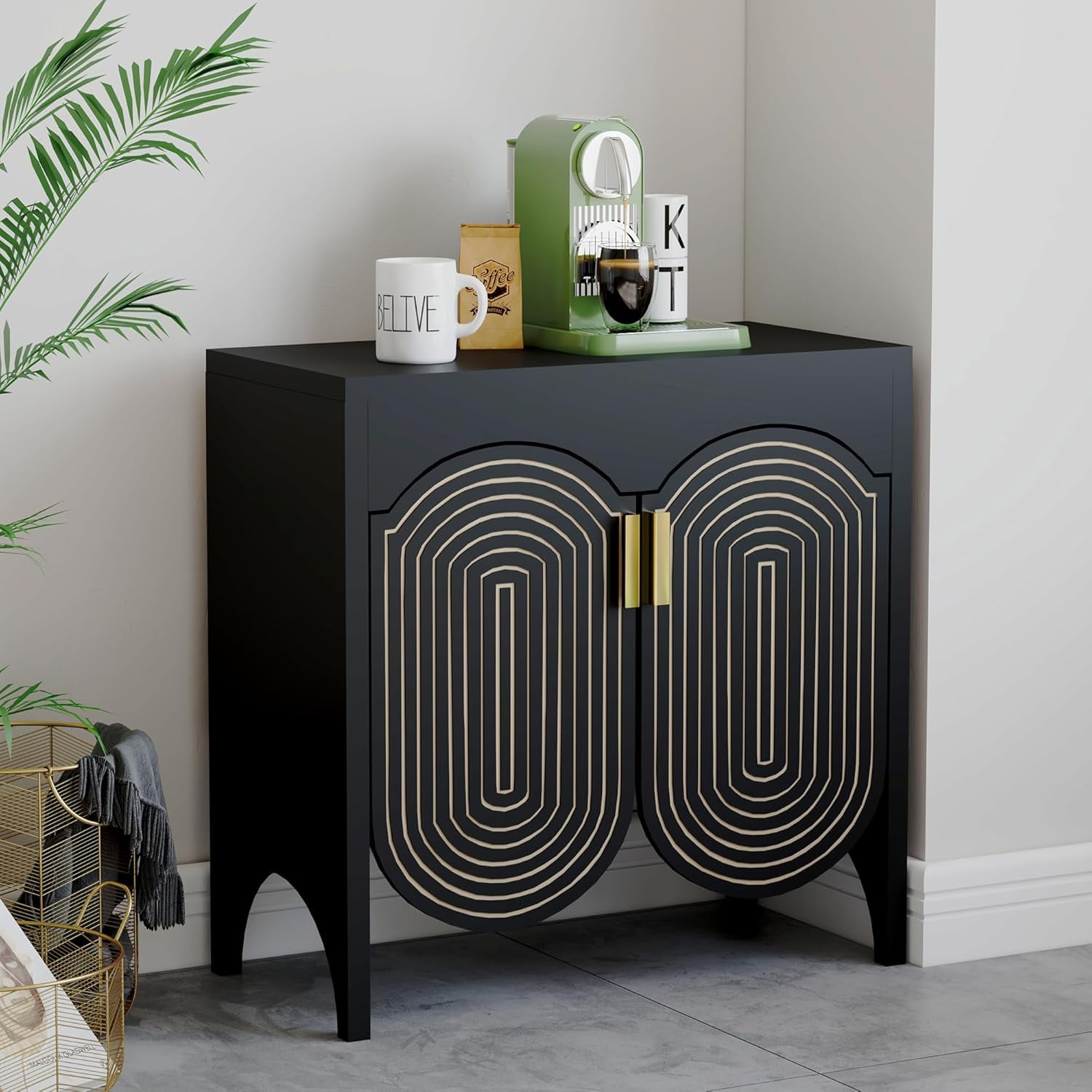 Buffet Sideboard Cabinet with Storage, Fluted Storage Cabinet with Arc Doors and Adjustable ...