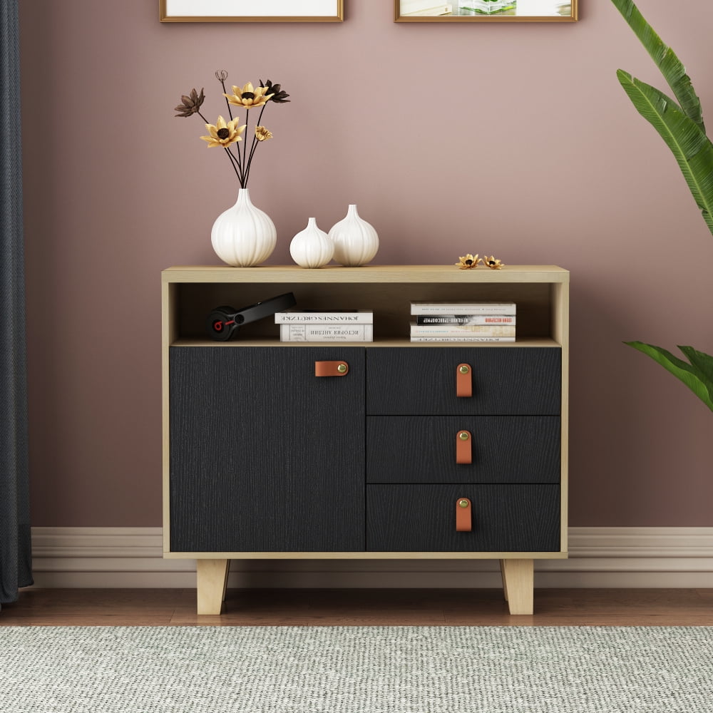 Buffet Sideboard Cabinet with 3 Drawers, PU Handle, Shelves and Door ...