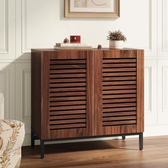 Buffet Sideboard Cabinet with Grille-Striped Doors & Adjustable Shelf ...
