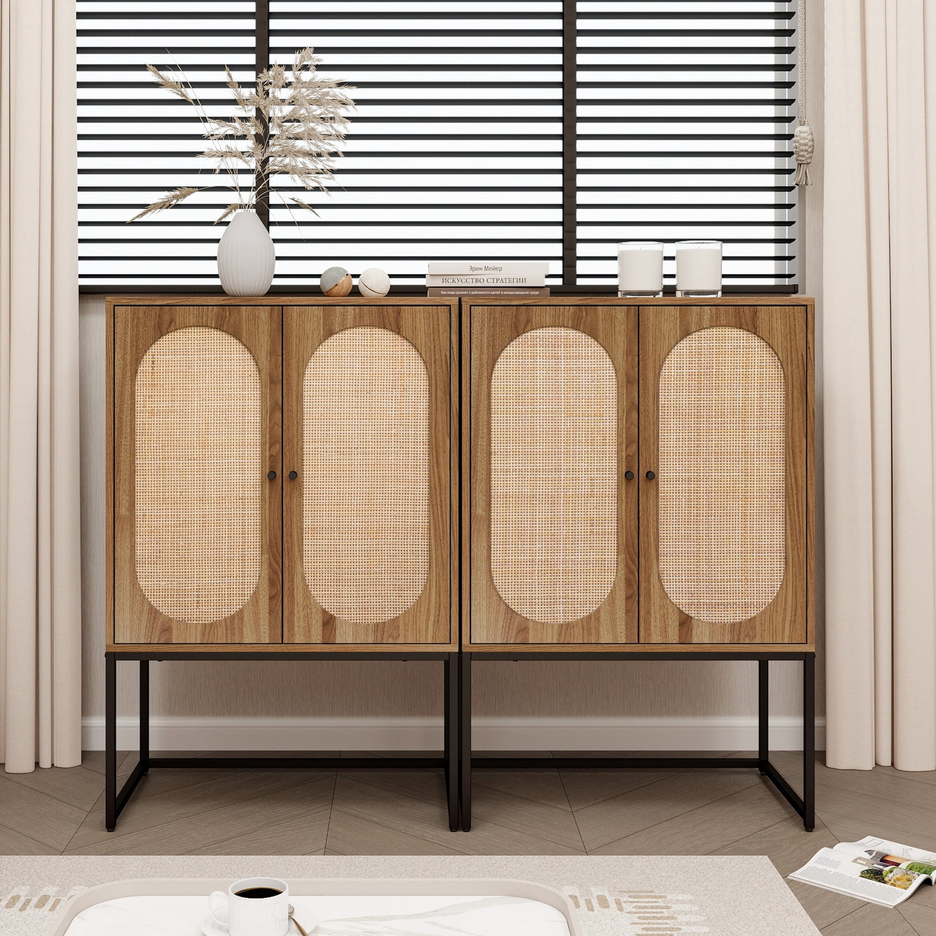 Buffet Sideboard Cabinets with 2 Set, 2 Door Natural Rattan High ...