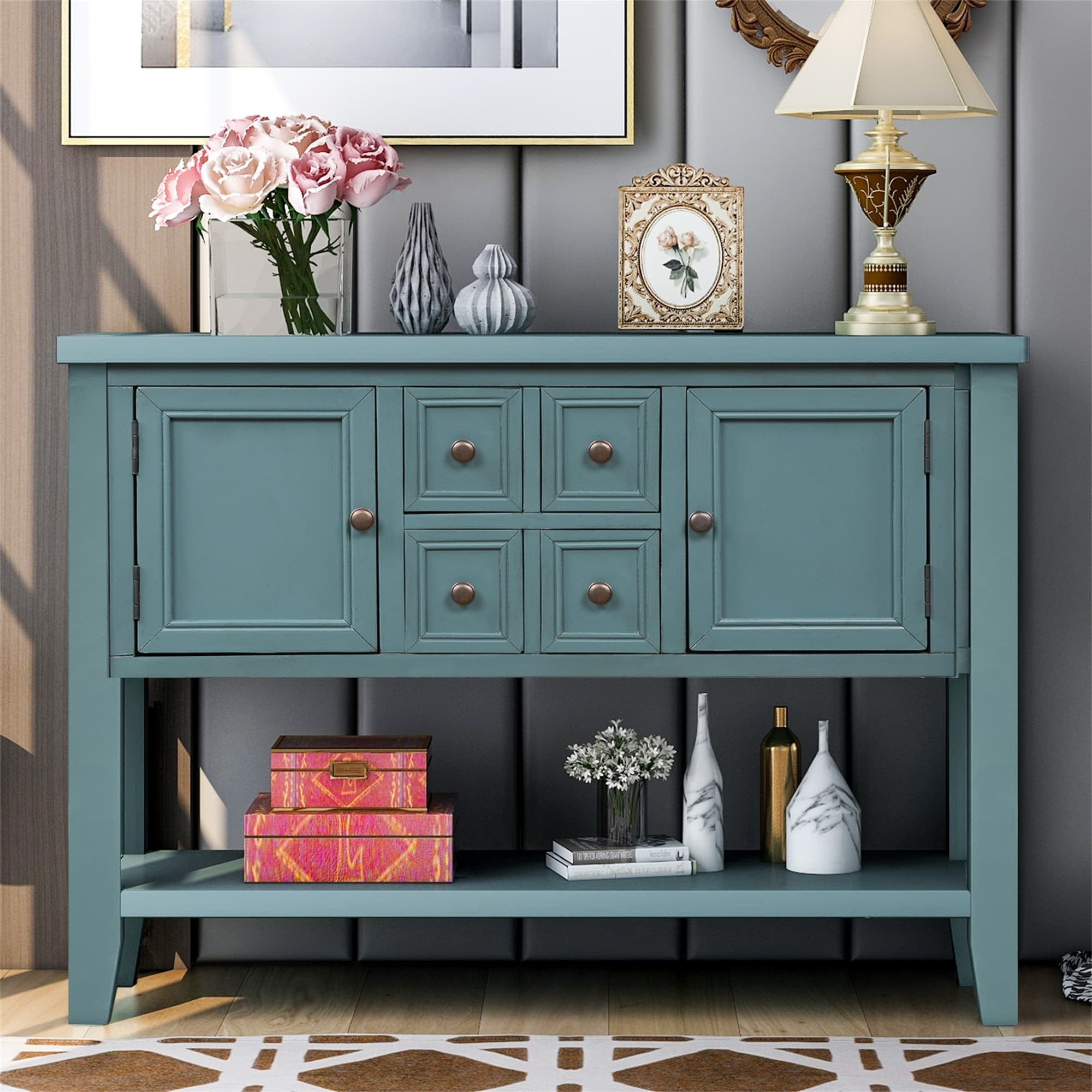 Buffet Sideboard Console Table with Bottom Shelf Dark Blue - Walmart.com