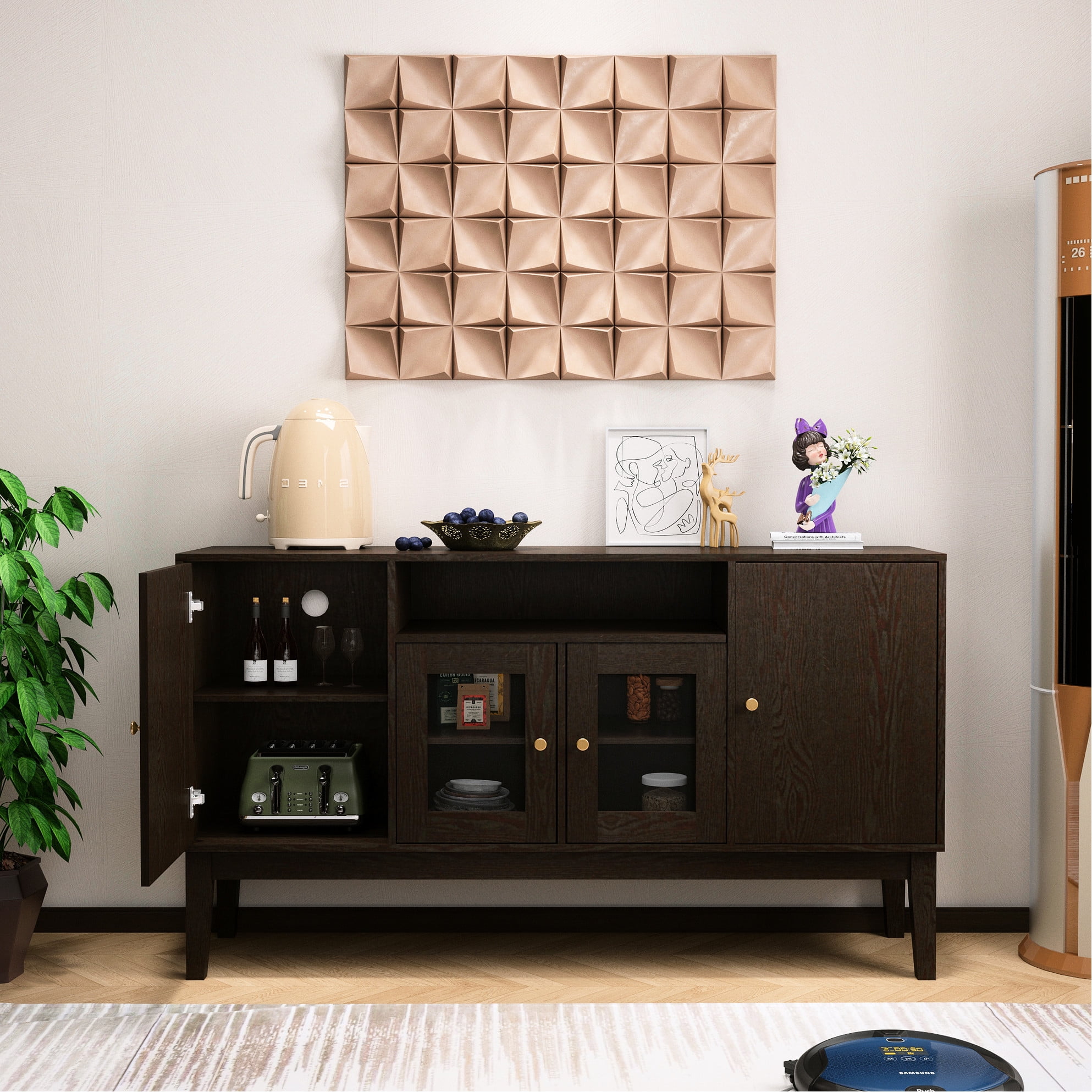 Buffet Sideboard With Construction, Adjustable Shelves, Tempered Glass ...